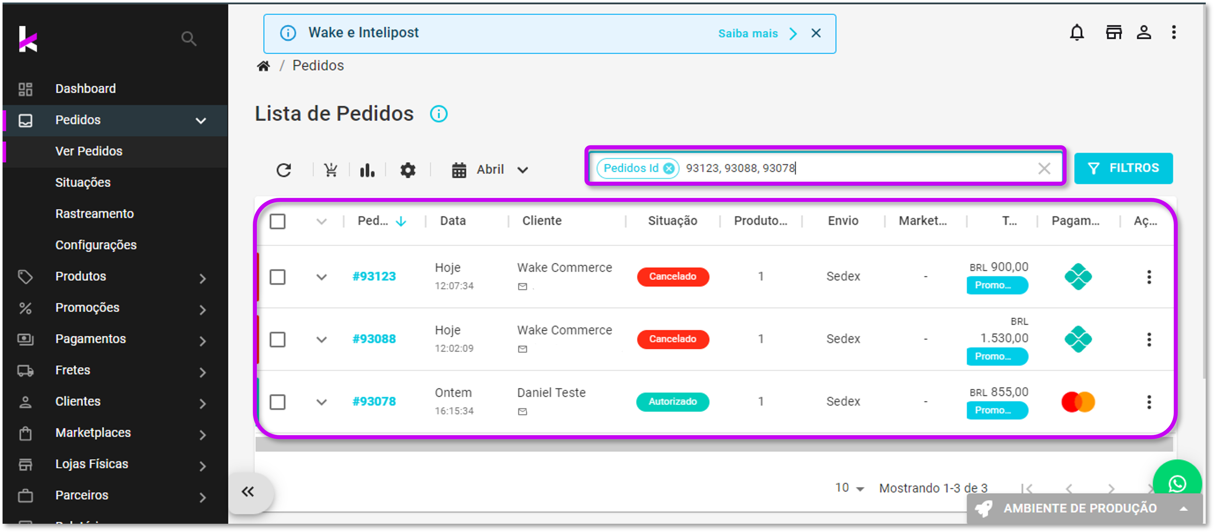 Pedidos Gerados – Wake Tech